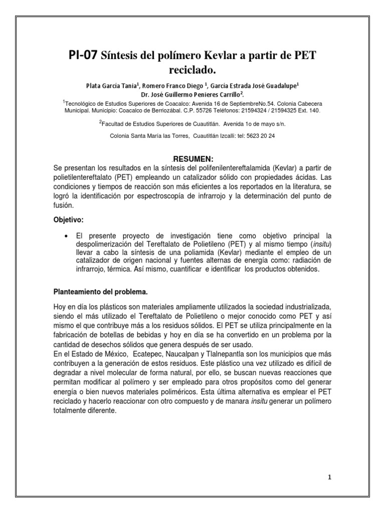 Síntesis de Kevlar a partir de PET reciclado | PDF | El plastico ...