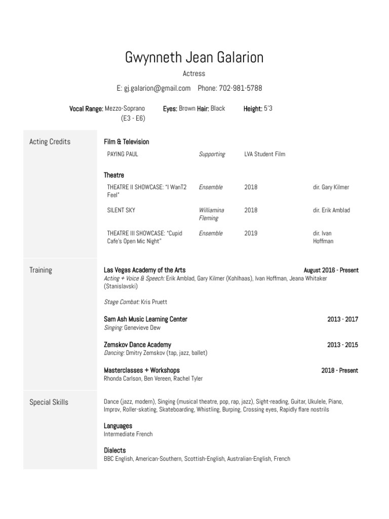 Gwynneth Jean Galarion Acting Resume PDF | PDF | Performing Arts | Entertainment