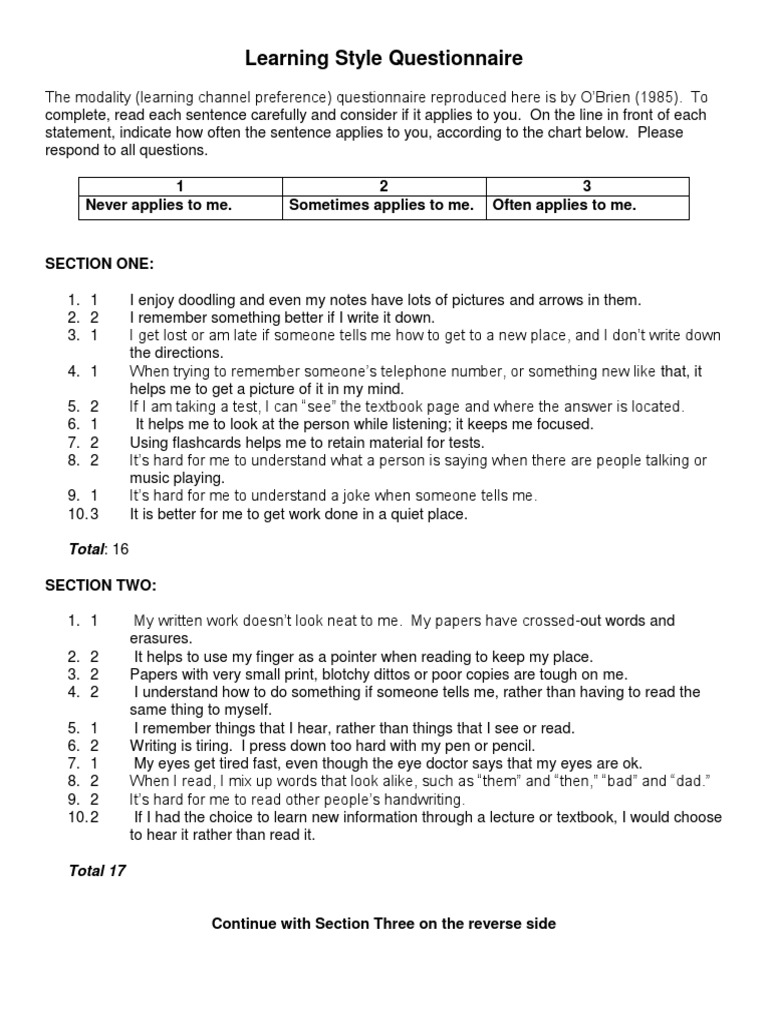 Learning Style Questionnaire | Download Free PDF | Learning Styles ...