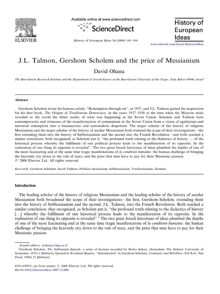 J.L. Talmon Gershom Scholem and The Pric PDF | PDF | Zionism | Jews