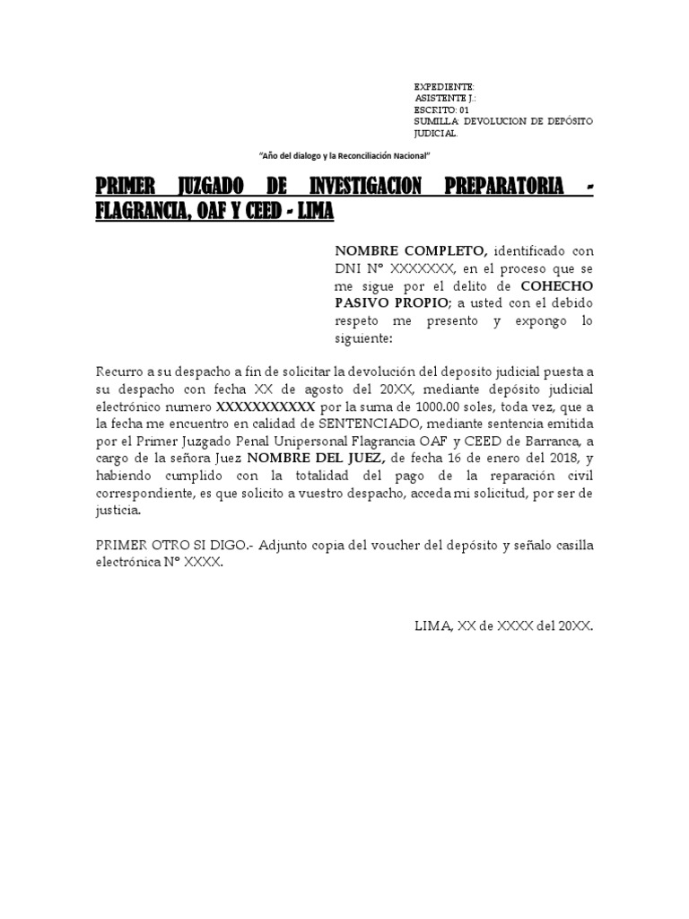 Escrito Devolucion de DePosito | PDF