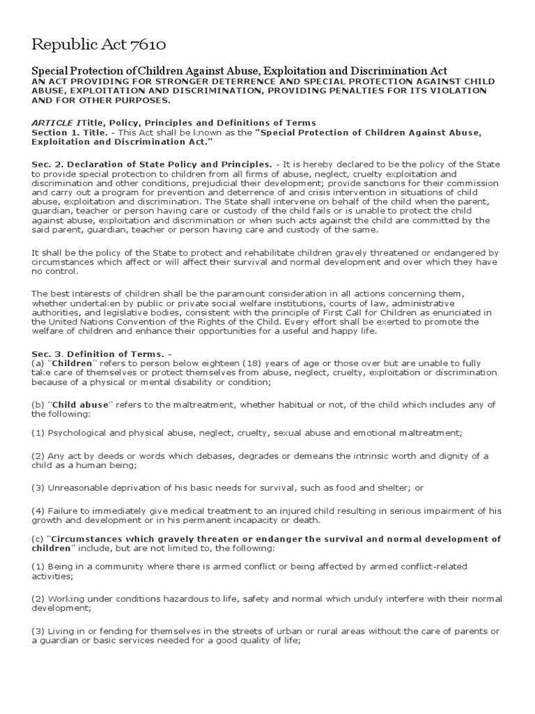 Republic Act 7610: Special Protection of Children Against Abuse ...