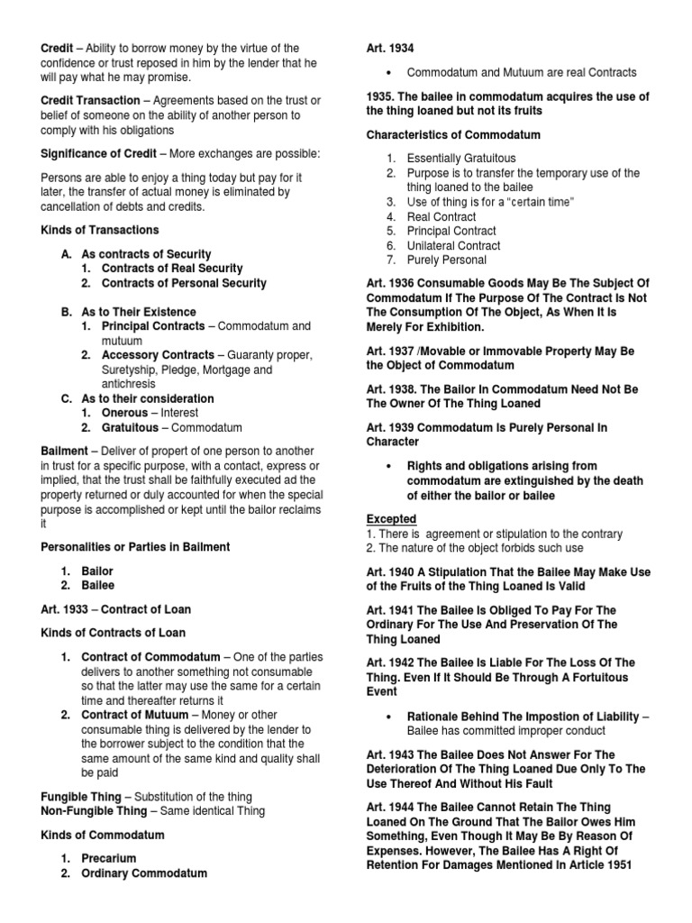 Understanding Commodatum Contracts | PDF | Guarantee | Private Law