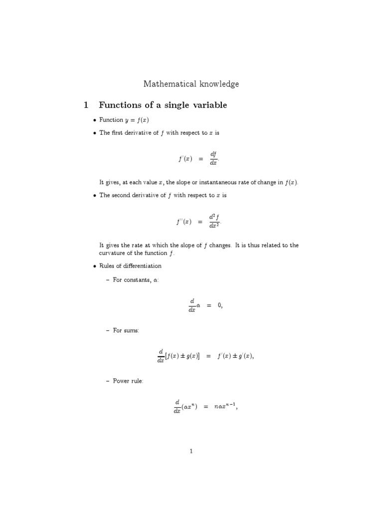 Mathematical Knowledge Functions of A Single Variable | PDF | Maxima And Minima | Derivative