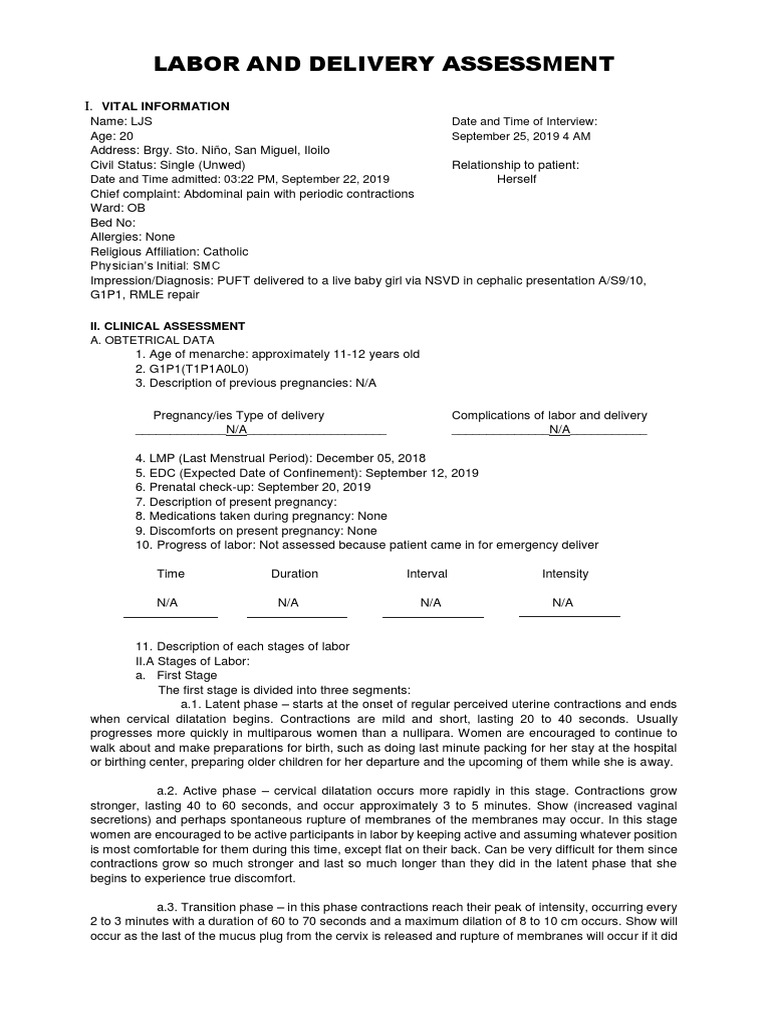 Labor Ang Delivery Assessment | PDF | Placenta | Childbirth