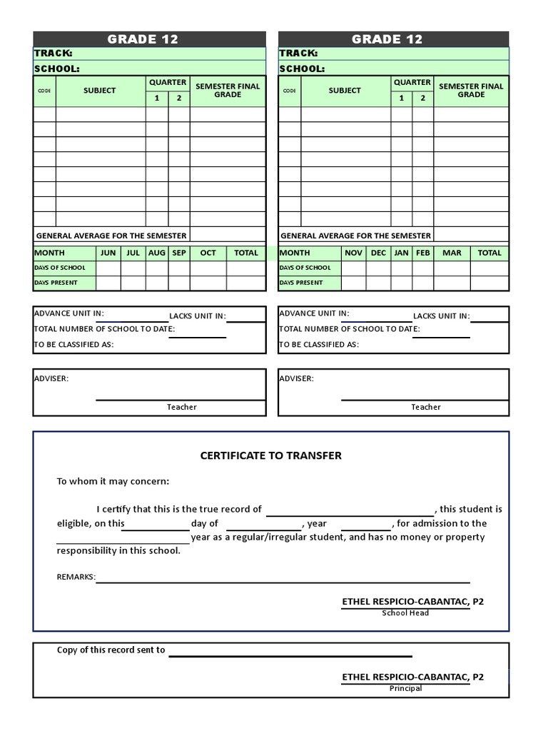Grade 12 Grade 12: Certificate To Transfer | PDF | Middle Schools ...