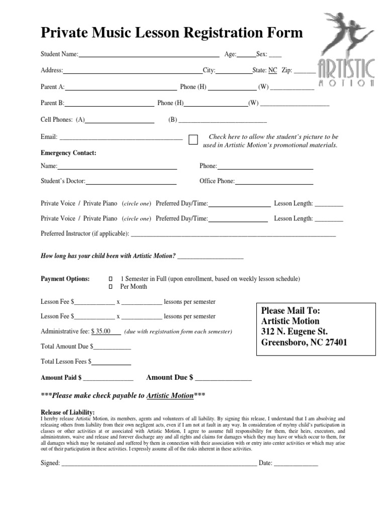 Private Music Lesson Registration Form: Emergency Contact | PDF ...