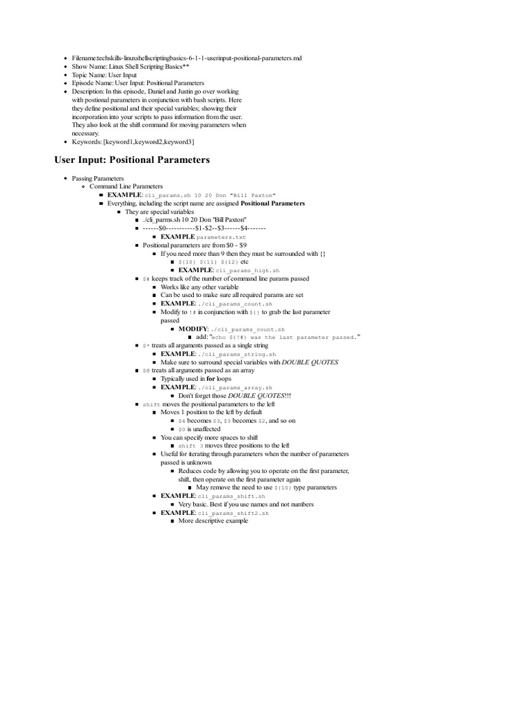Techskills Linuxshellscriptingbasics 6 1 1 Userinput Positional Parameters Pdf Parameter