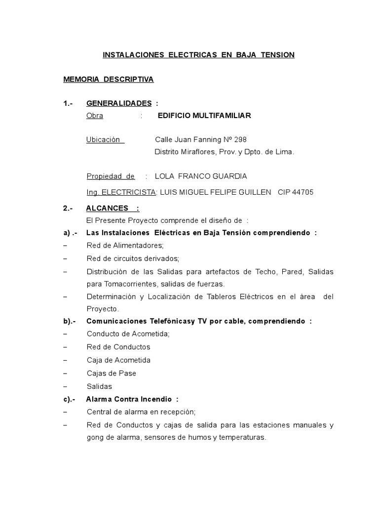 Memoria Descriptiva de Instalaciones Electricas | PDF | Enchufes y tomas de corriente alterna ...
