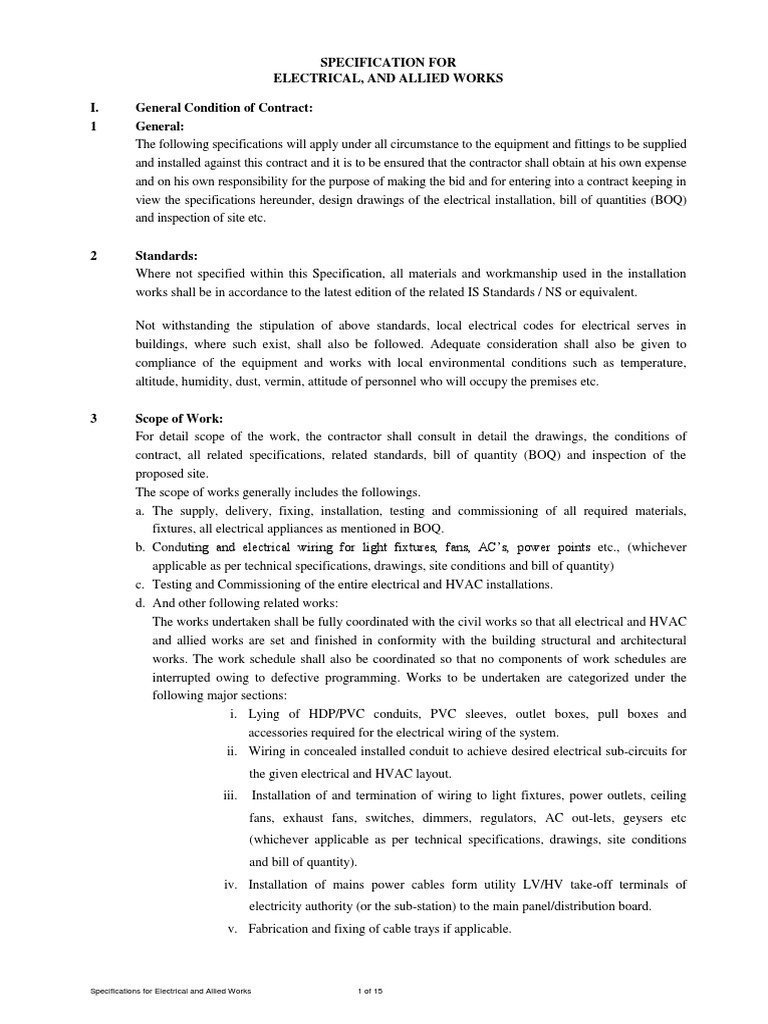 Specification For Electrical, and Allied Works I. General Condition of ...