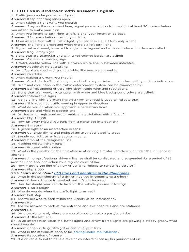 I. LTO Exam Reviewer With Answer: English: LTO Fines and Penalties in ...