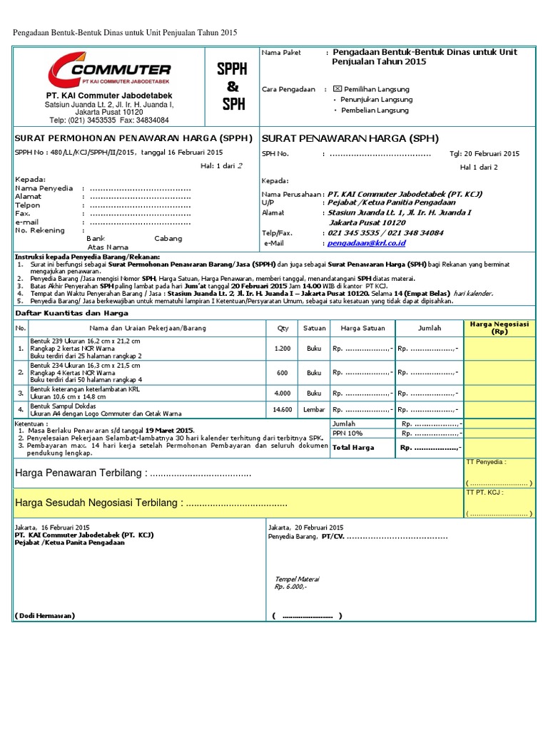 SPPH Pengadaan Bentuk-Bentuk Dinas Untuk Unit Penjualan Tahun 2015 | PDF