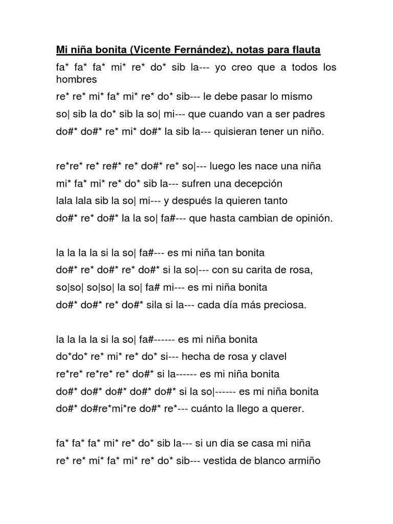 Notas de "Mi niña bonita" para flauta | PDF | Poesía