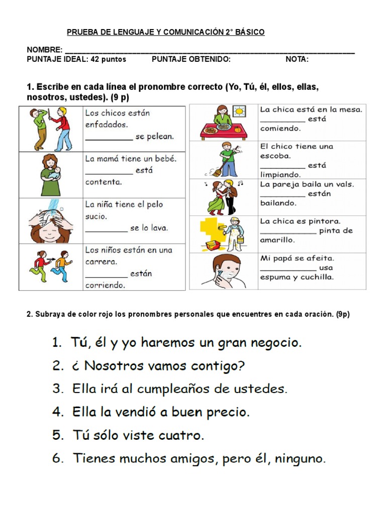 PRUEBA de LENGUAJE Verbos y Pronombres | PDF | Verbo | Conjugación ...