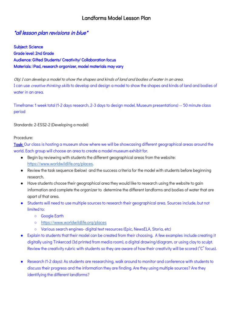 Landforms Model Lesson Plan 1 | PDF | Rubric (Academic) | Creativity