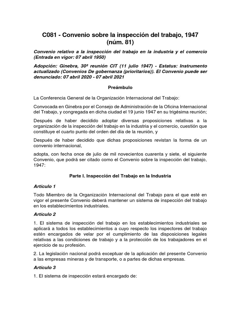 Convenio OIT 81: Inspección del Trabajo | PDF | Tratado | Organización Internacional del Trabajo