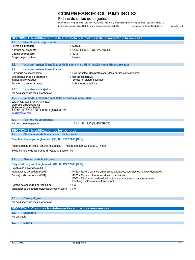 Msds Polyol Ester Compressor Oil | PDF | Toxicidad | Agua