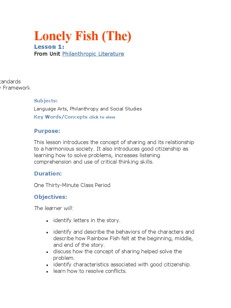 Rainbow Fish Sharing Lesson Plan | PDF | Concept | Learning
