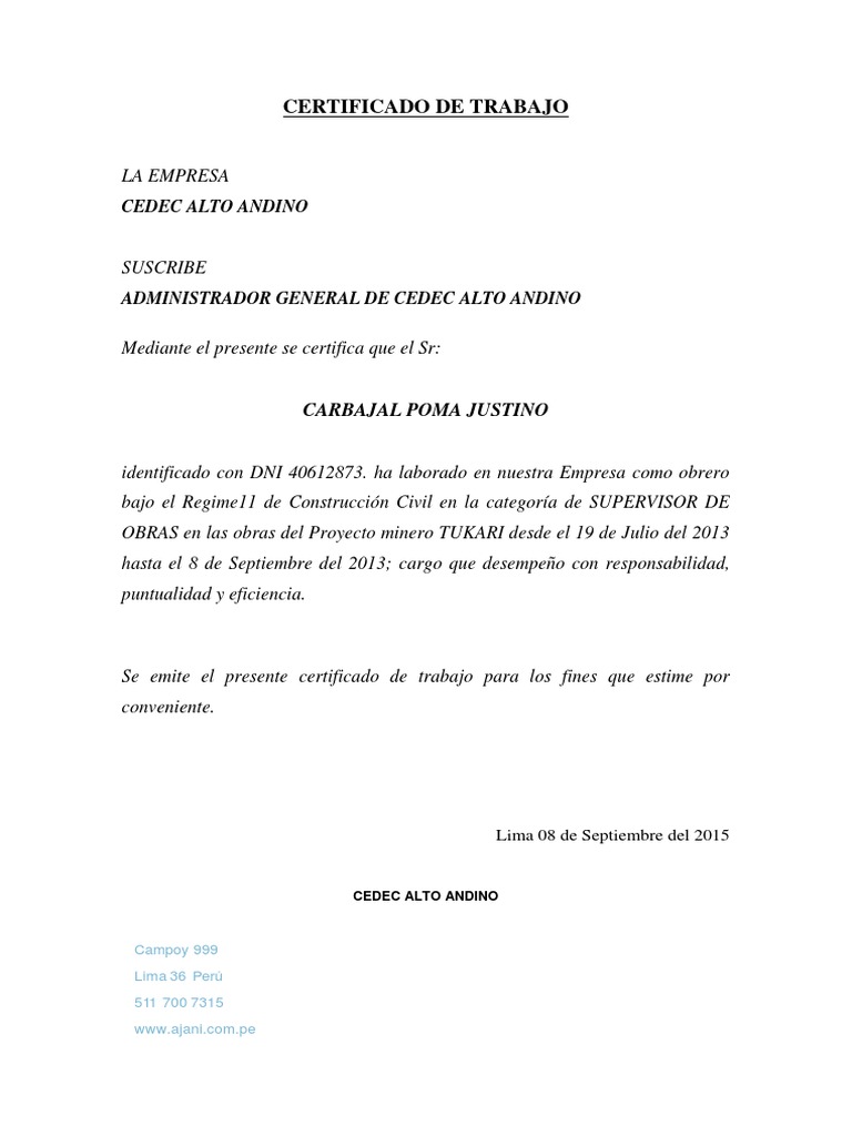 Certificado de Trabajo: Justino Carbajal | PDF | Derecho