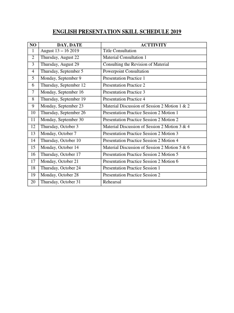 English Presentation Skill Schedule 2019 | PDF