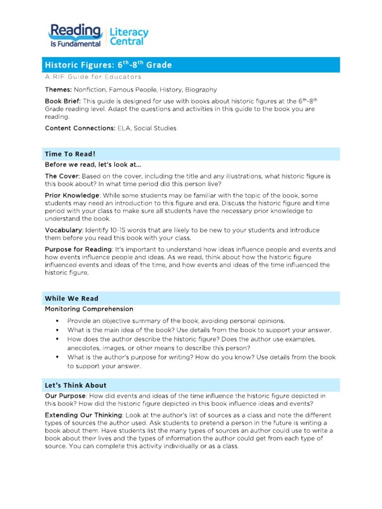 Historic Figures: 6 - 8 Grade: Time To Read! | PDF