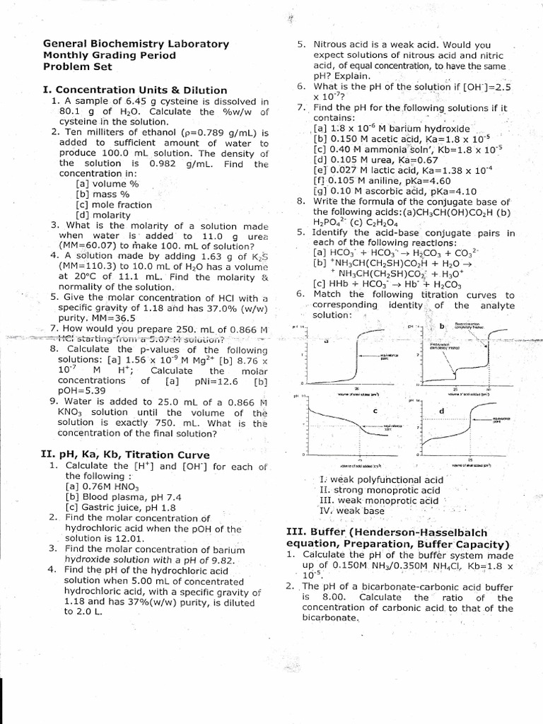 Biochem Problem Set For The First Shifting | PDF | Buffer Solution | Ph