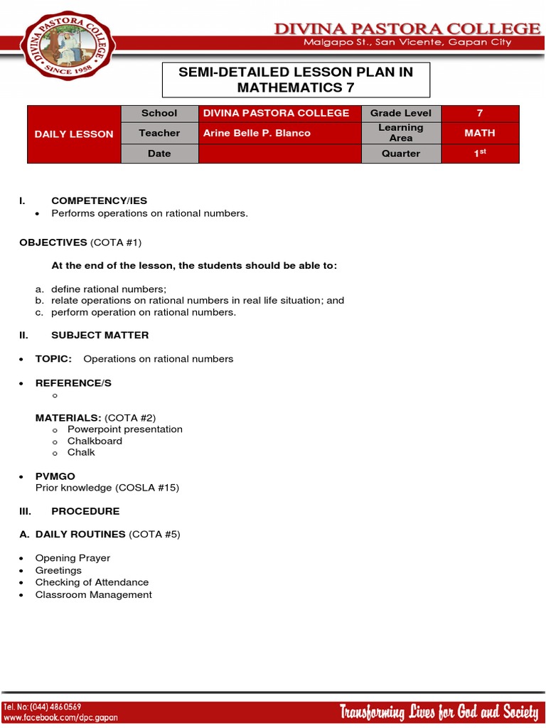 Semi-Detailed Lesson Plan in Mathematics 7: Divina Pastora College 7 ...