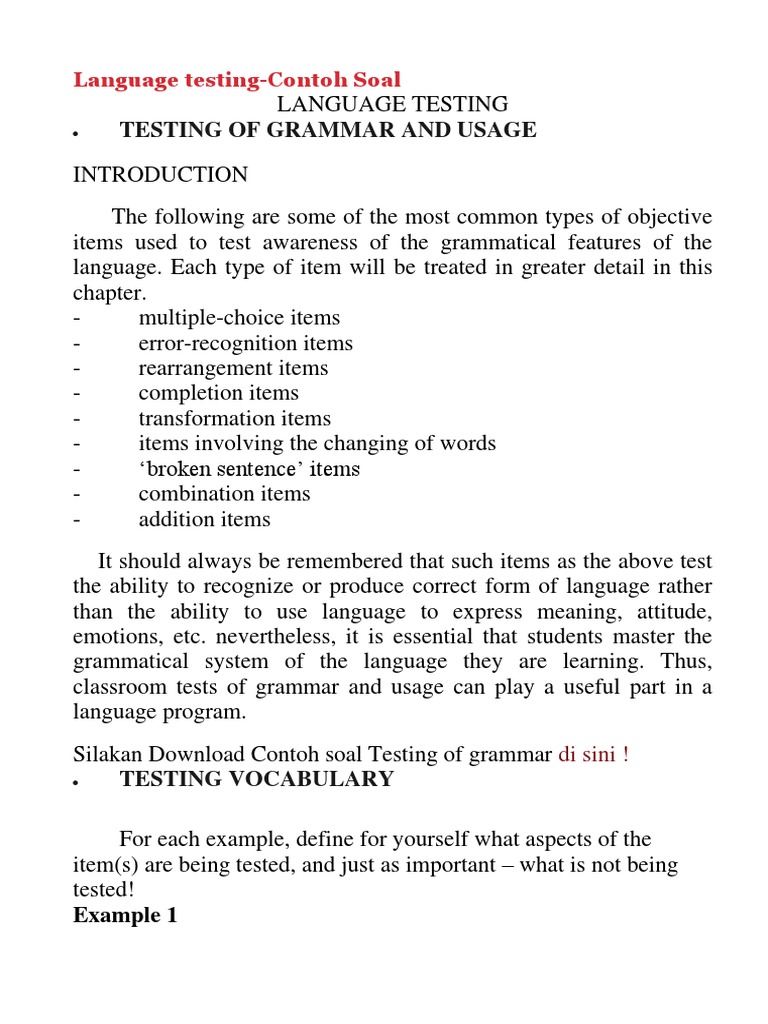 Grammar and Usage Language Testing Guide | PDF | Validity (Statistics ...