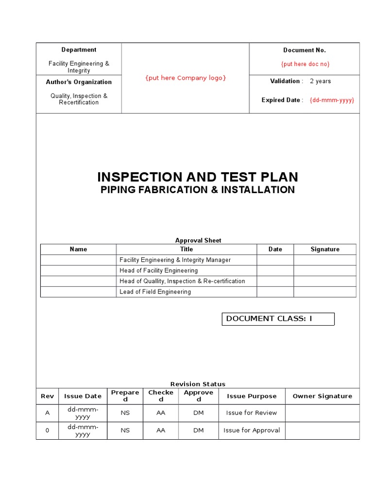 Inspection and Test Plan: Piping Fabrication & Installation | PDF ...
