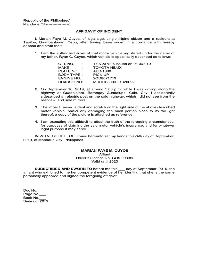 Affidavit of Incident-Marian Cuyos | PDF | Law