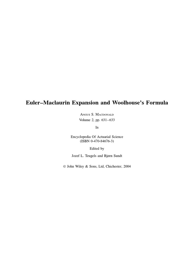 Euler-Maclaurin Expansion and Woolhouse's Formula: A S. M Volume 2, Pp ...