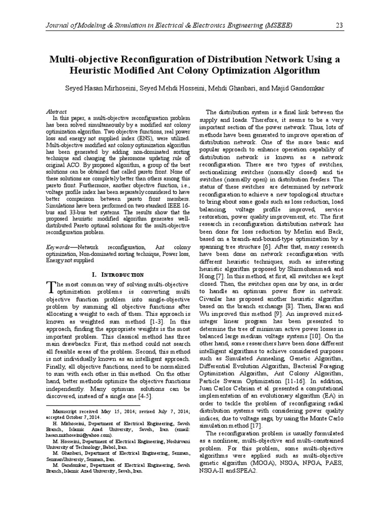 Multi Objective Reconfiguration Of Distribution Network Using A Heuristic Modified Ant Colony