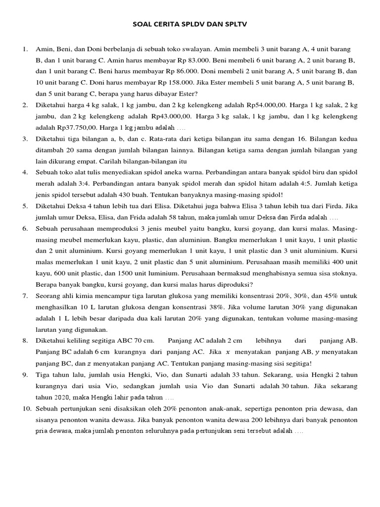 Soal Cerita SPLDV Dan SPLTV | PDF