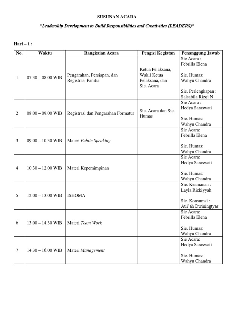 Susunan Acara "Leadership Development To Build Responsibilities and ...