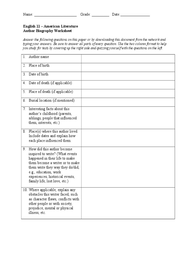 Author Biography Worksheet | PDF