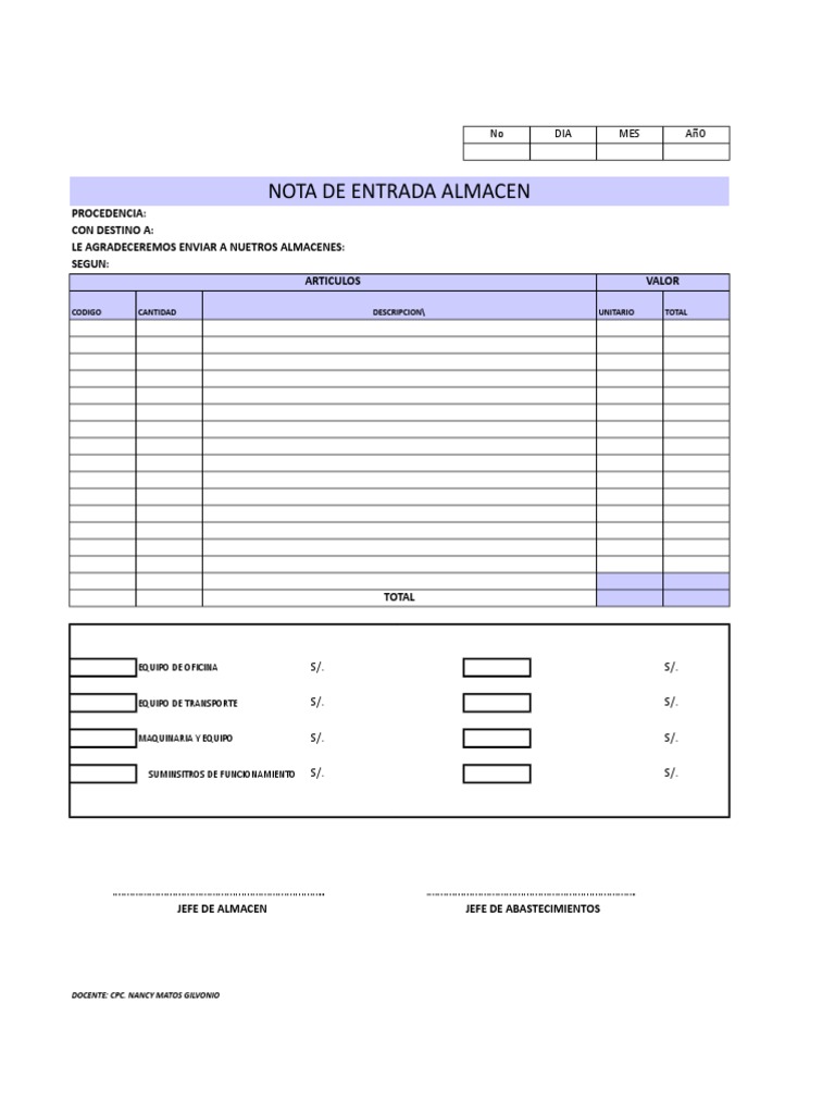 Nota de Entrada Almacen | PDF