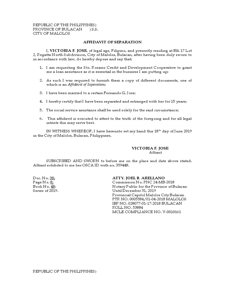 Affidavit of Separation | Affidavit | Notary Public