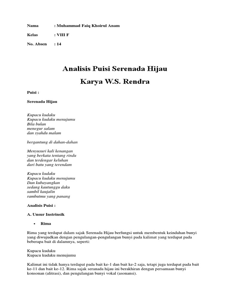 Analisis Puisi Serenada Hijau Karya W.S. Rendra | PDF