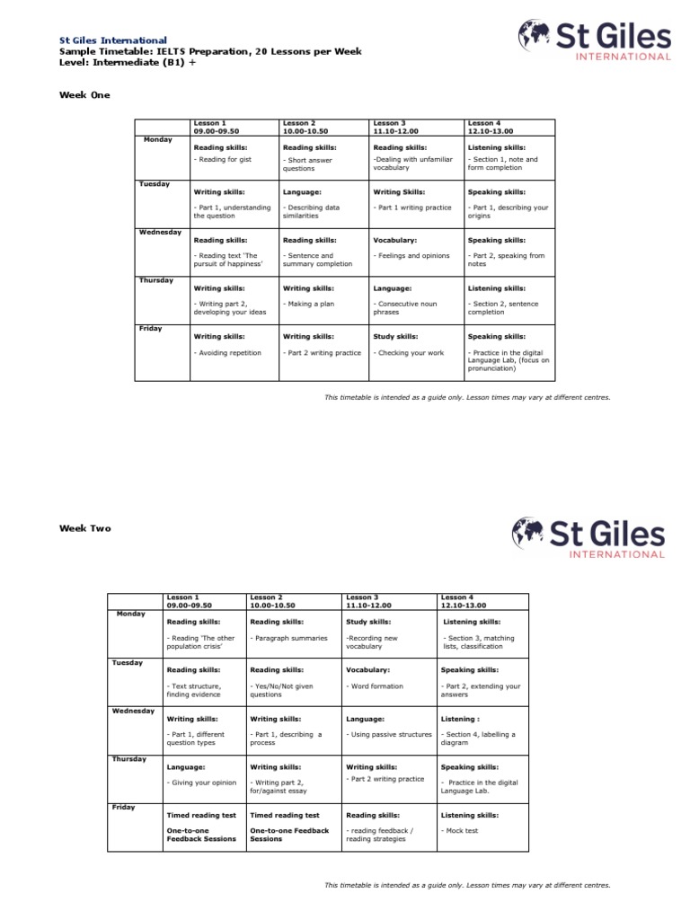 IELTS Prep Timetable: 20 Lessons/Week | PDF | International English ...