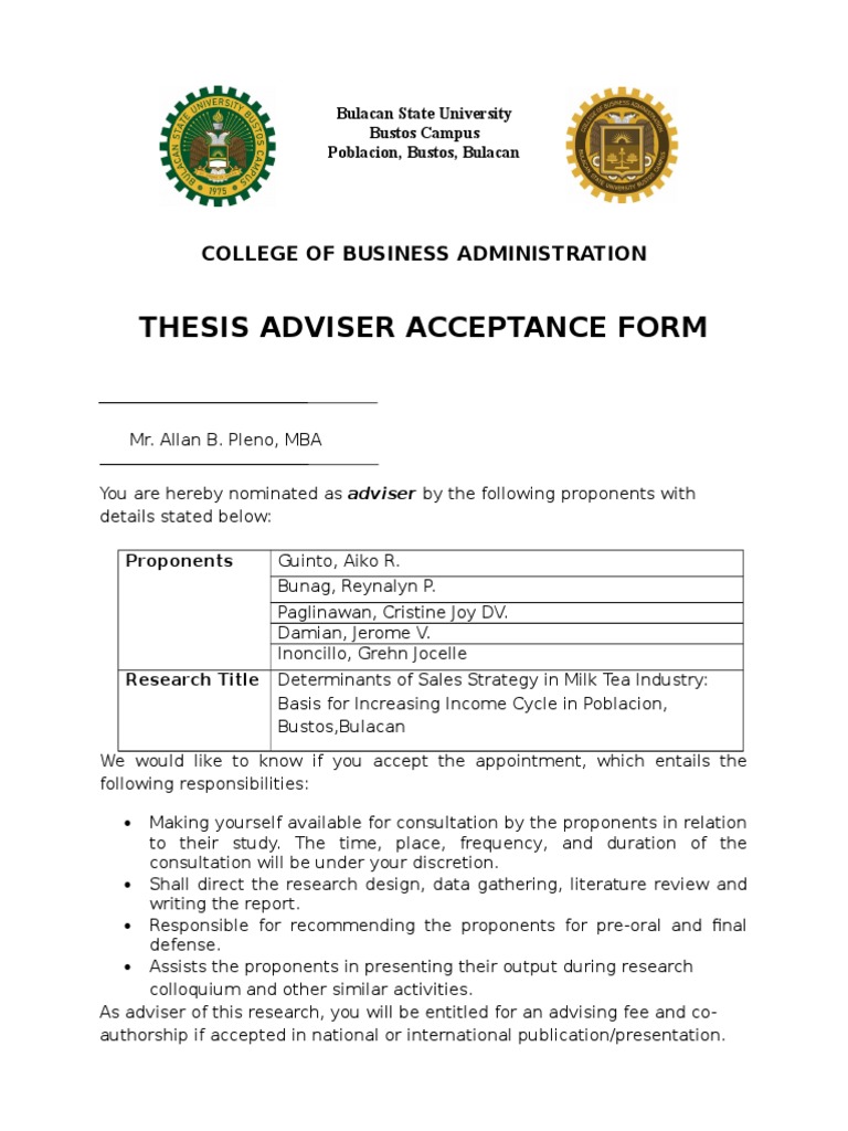 Thesis Adviser Acceptance Form: College of Business Administration | PDF | Thesis | Business
