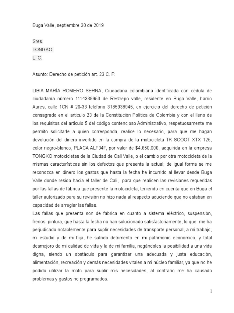 Solicitud de devolución de moto Tongko | PDF | Motocicleta | Petición