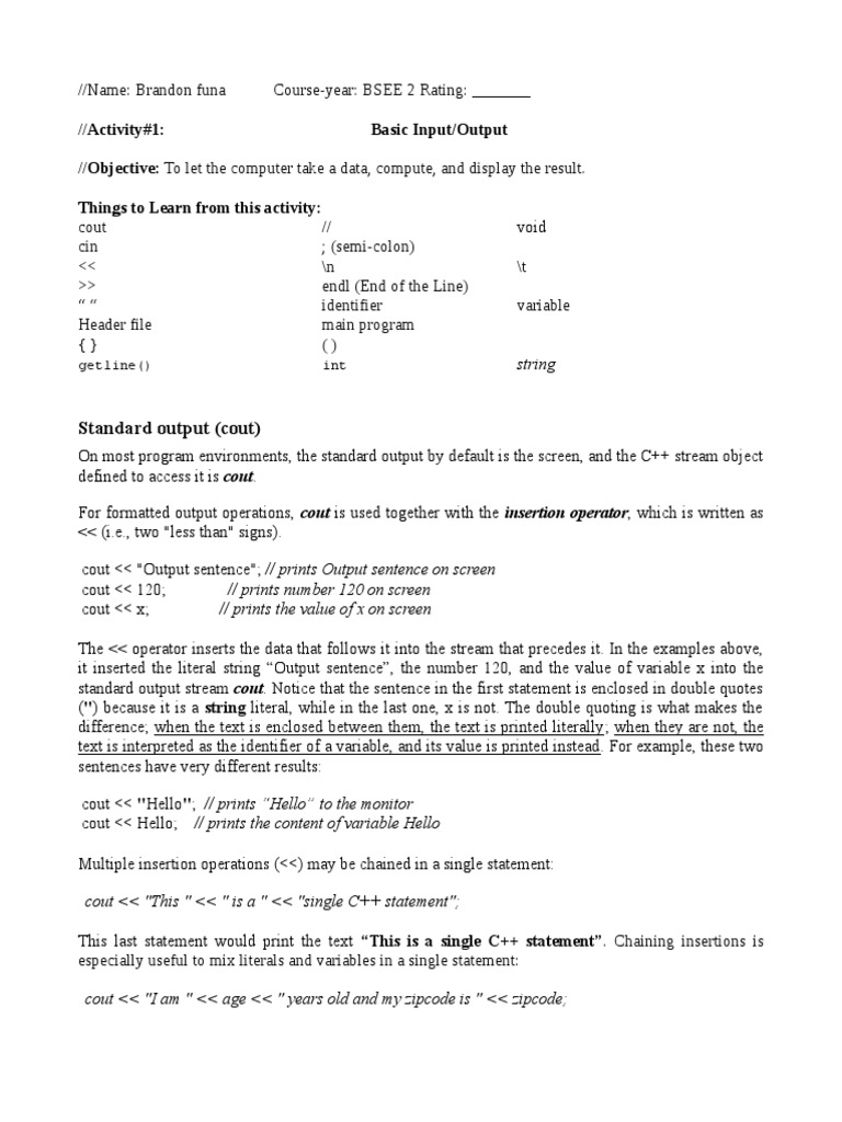 Basic Input/Output | PDF | Computer Program | Programming