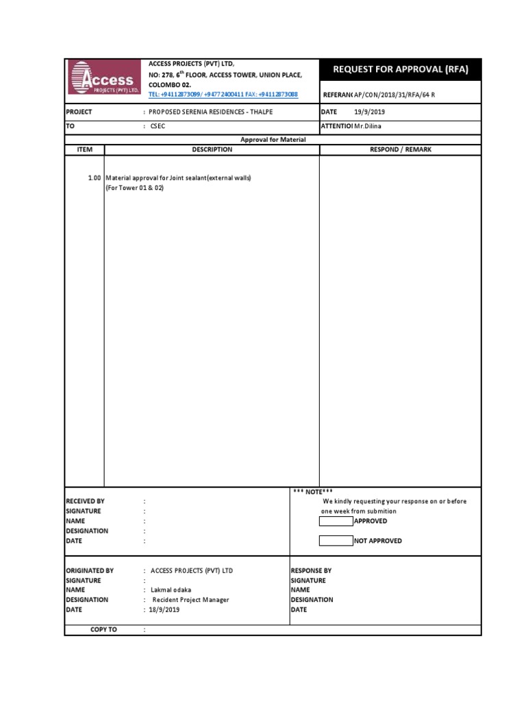 Request For Approval (Rfa) : TEL: +94112873099/ +94772400411 FAX ...