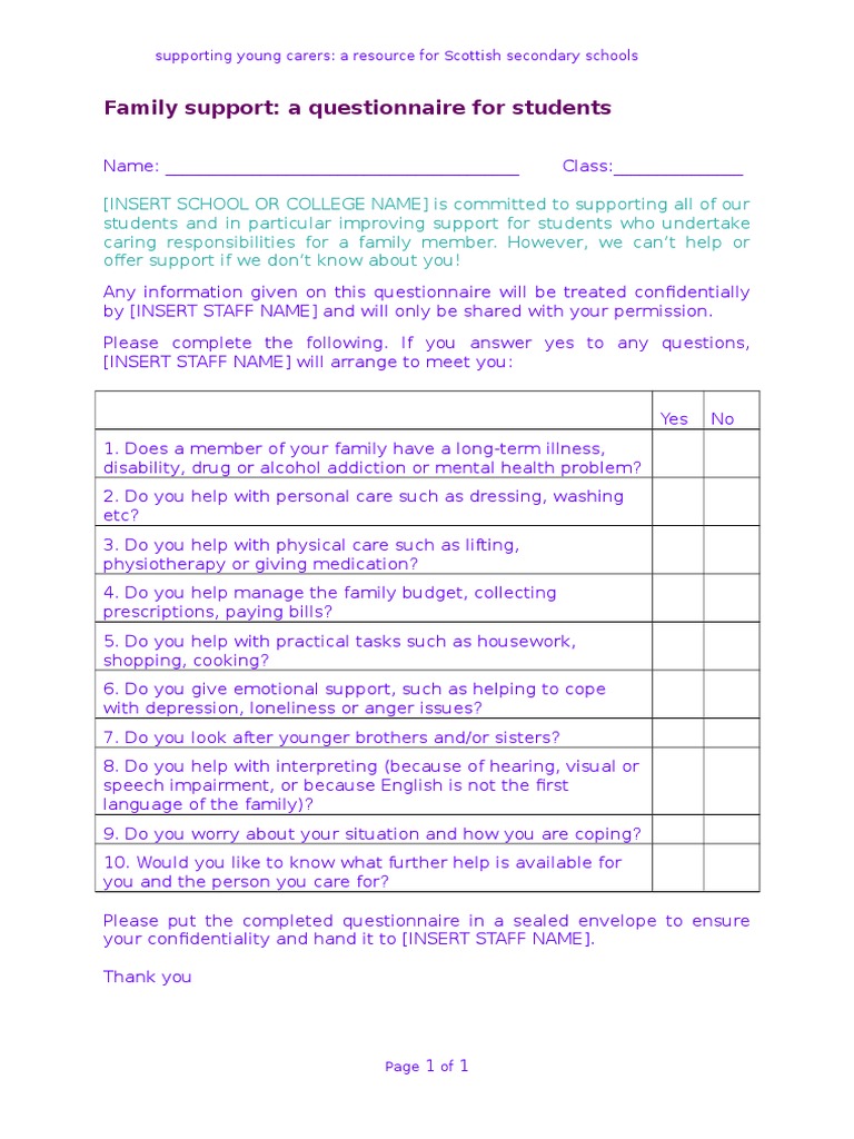Family Support Questionnaire for Students | PDF