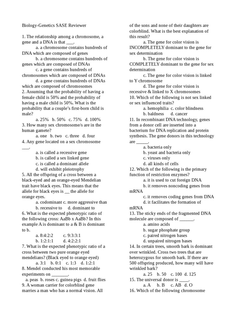 BIOLOGY-Genetics SASE Reviewer | PDF | Dominance (Genetics) | Gene