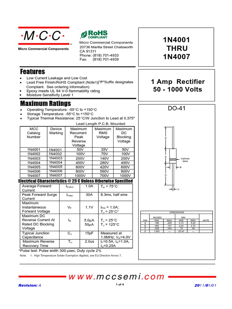 1N4001 through 1N4007 Diodes Datasheet: Featuring Low Current Leakage ...