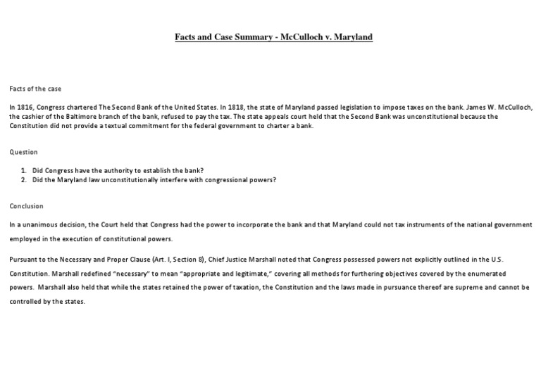 Facts and Case Summary - Mcculloch V. Maryland | PDF