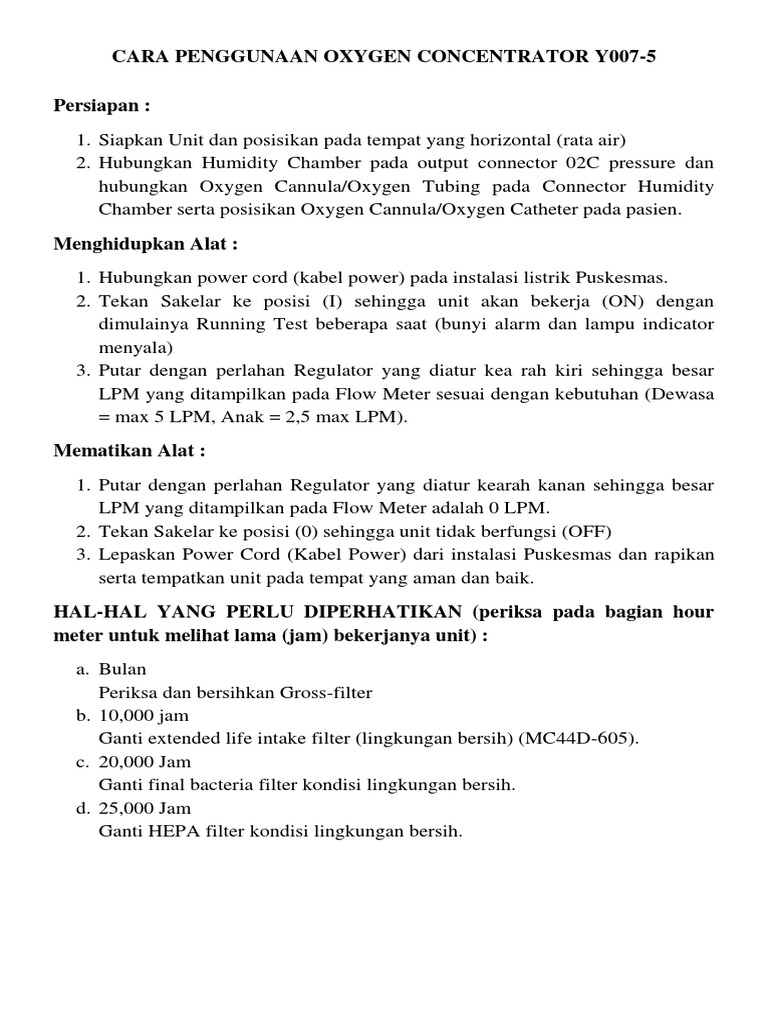 Cara Penggunaan Oxygen Concentrator Y007 | PDF
