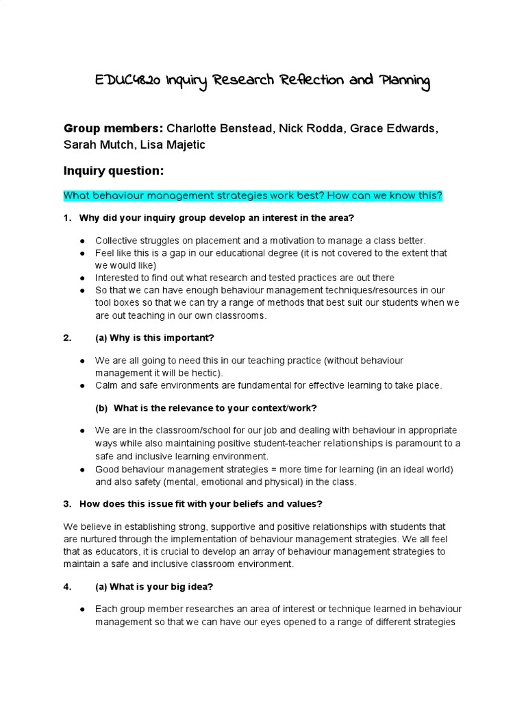 Educ4820 Inquiry Research Reflection and Planning | PDF | Reflective ...