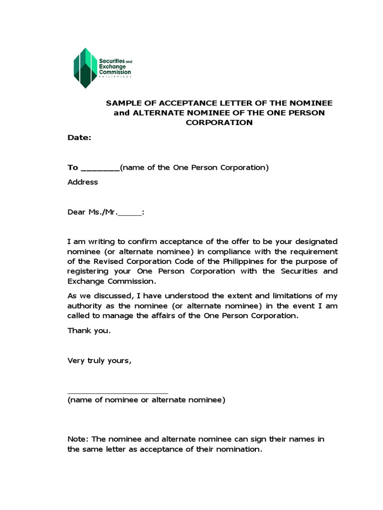 Sample of Acceptance Letter of The Nominee and Alternate Nominee of The ...